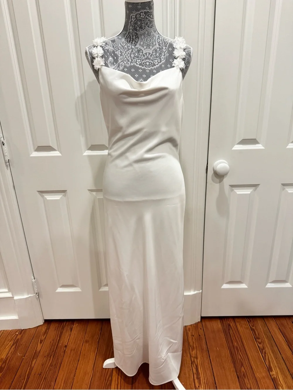 Dresses | White Satin Maxi Slip Dress W Floral Strap Detail Sz M ...